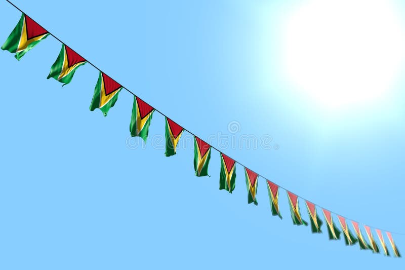 Nice Many Guyana Flags or Banners Hanging Diagonal on String on Blue ...