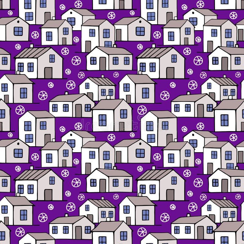 Nice Monochrome Houses Set with Purple Background. Vector Seamless ...