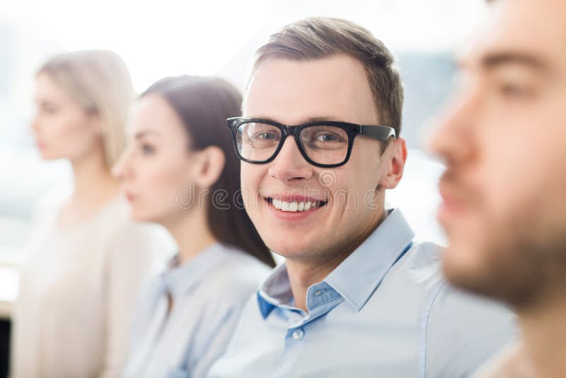 Delighted Office Manager Looking at Young Colleague Body at Workplace ...