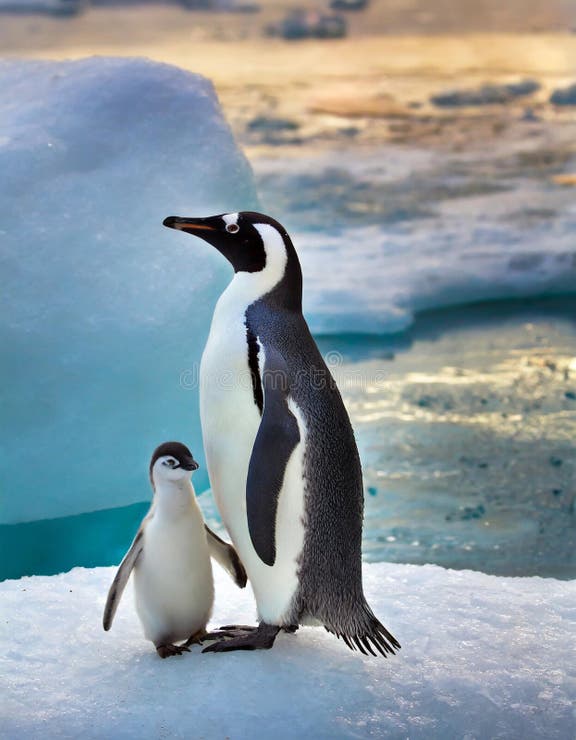 A Nice Penguin with His Baby on the Ice Stock Illustration ...
