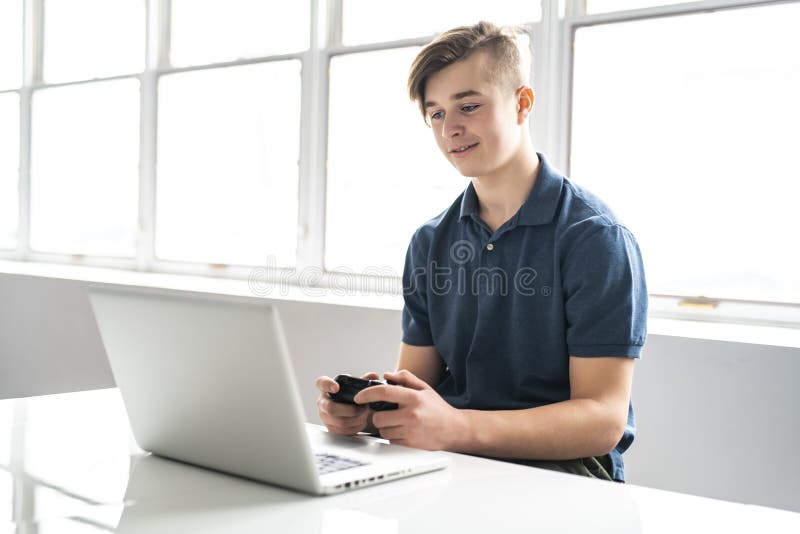 A Nice Teenage Boy Using Laptop at Home Stock Photo - Image of gamer ...