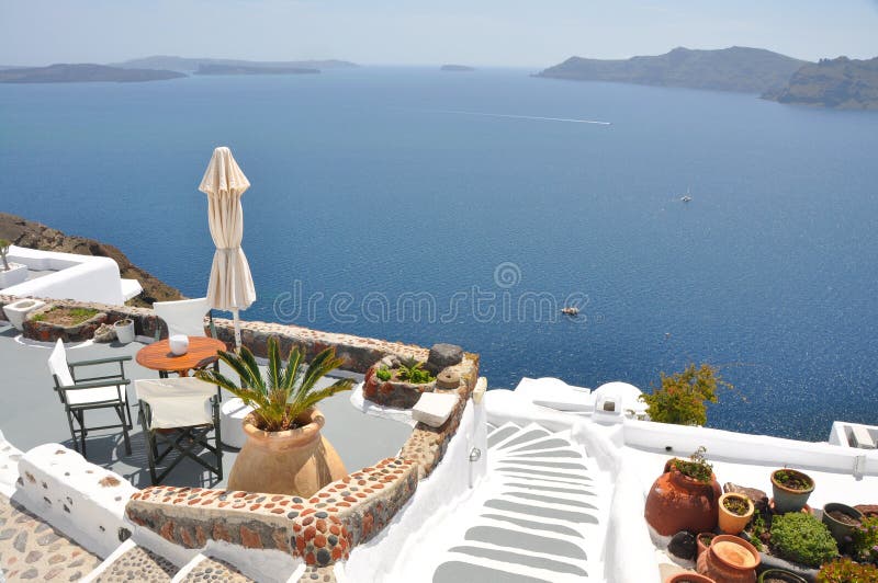 Nice Terrace on Greek Island Santorini Stock Image - Image of volcanic ...