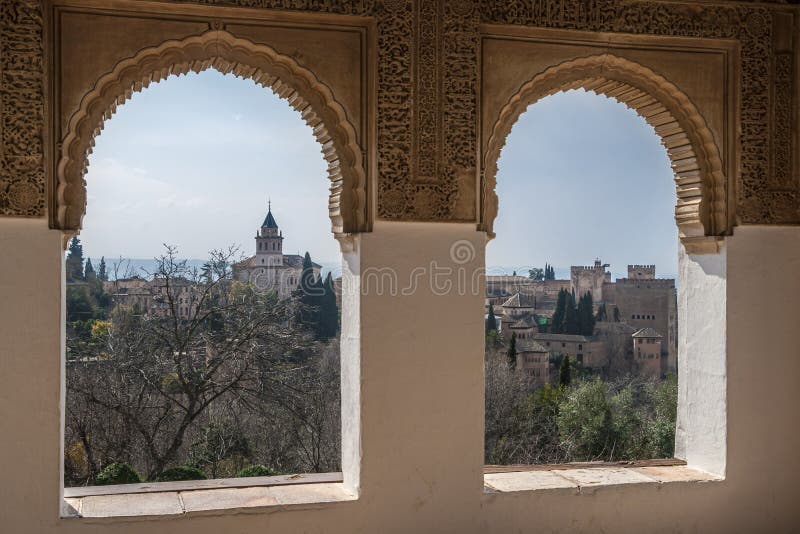 Nice Windows and a View of the Ancient Arabian Palace Alhambra. Granada ...