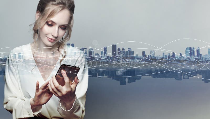 Nice Woman Cell. Pretty Model Using Phone Stock Photo - Image of people ...