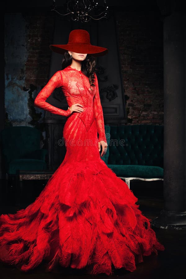Nice Woman Wearing Red Hat Posing Indoor Stock Photo - Image of luxury ...