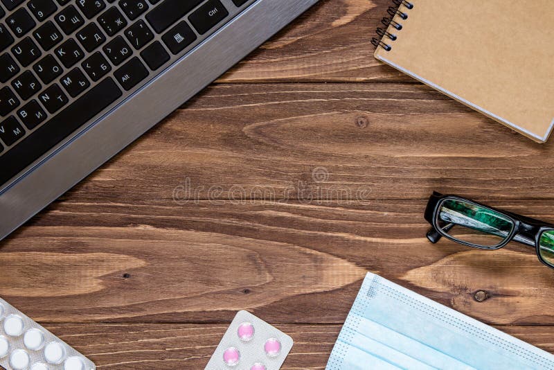 Nice Wooden Table with Office Objects on. Free Space on the Center ...