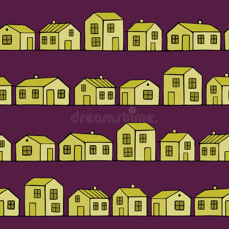 Nice Yellow Houses Set with Purple Background. Vector Seamless Pattern ...