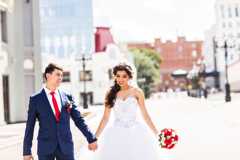 Nice Young Wedding Couple Outdoors Stock Image - Image of husband ...