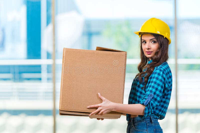 The Nice Young Woman Carrying Box Stock Image - Image of delivery ...