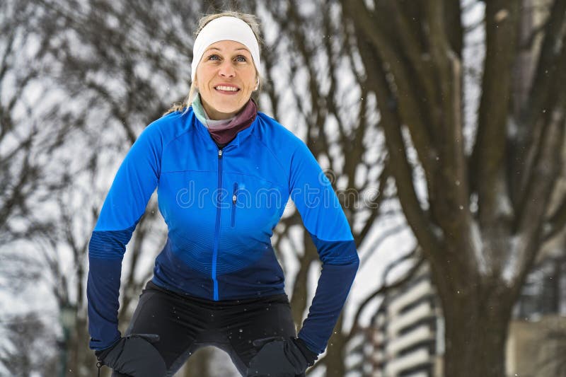 Nice Young Woman Running in Snowy Park Stock Photo - Image of female ...