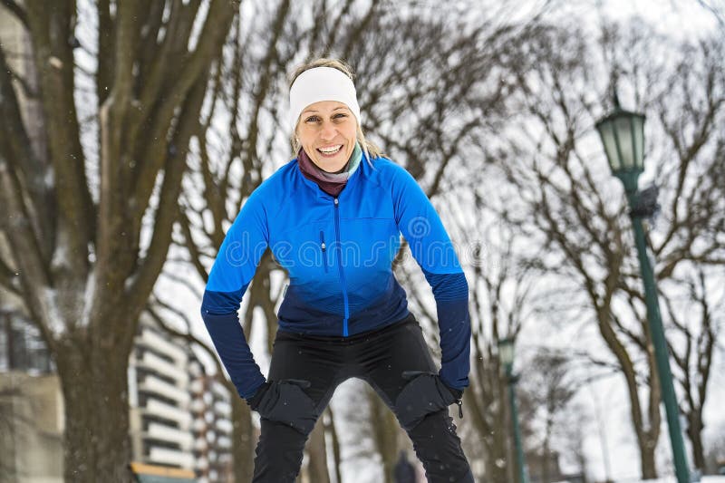 Nice Young Woman Running in Snowy Park Stock Photo - Image of female ...