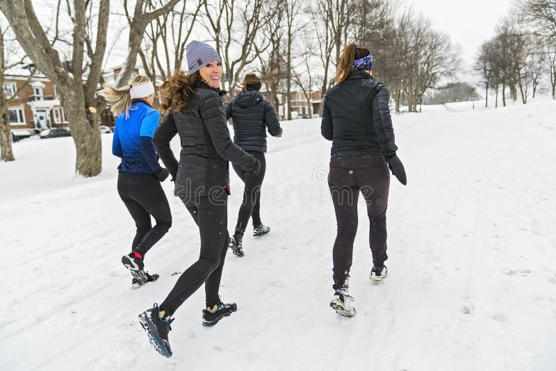 Nice Young Woman Running in Snowy Park Stock Photo - Image of female ...