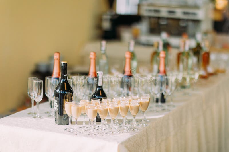 Nicely Served Cocktail Catering Banquet Table with Glasses and Bottles ...