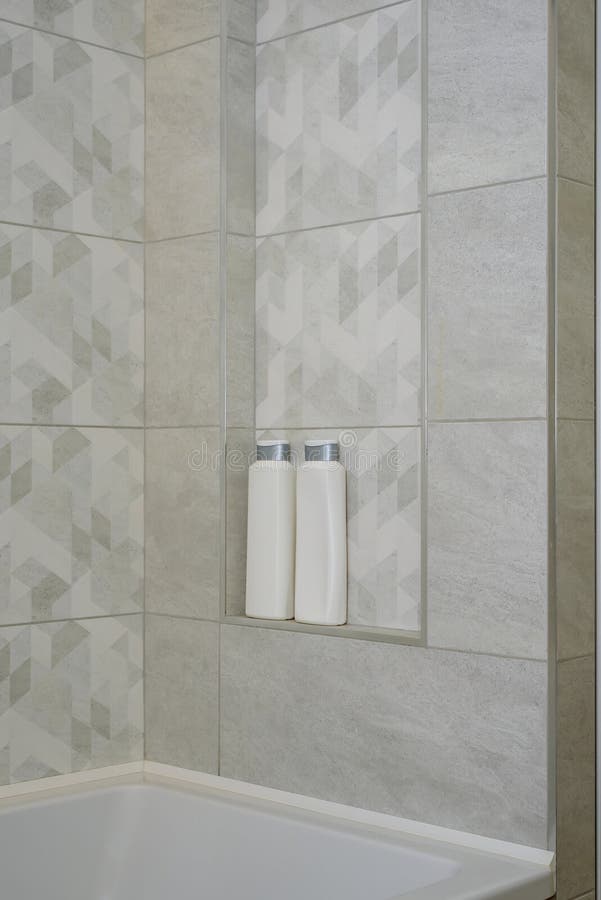 Niche for Shampoo Bottles in Bathroom Interior Stock Photo - Image of ...