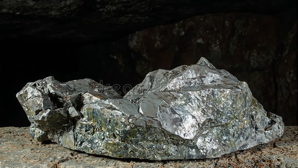 Nickel Ore Chunk with Metallic Green Flecks on Stone Ledge Stock ...