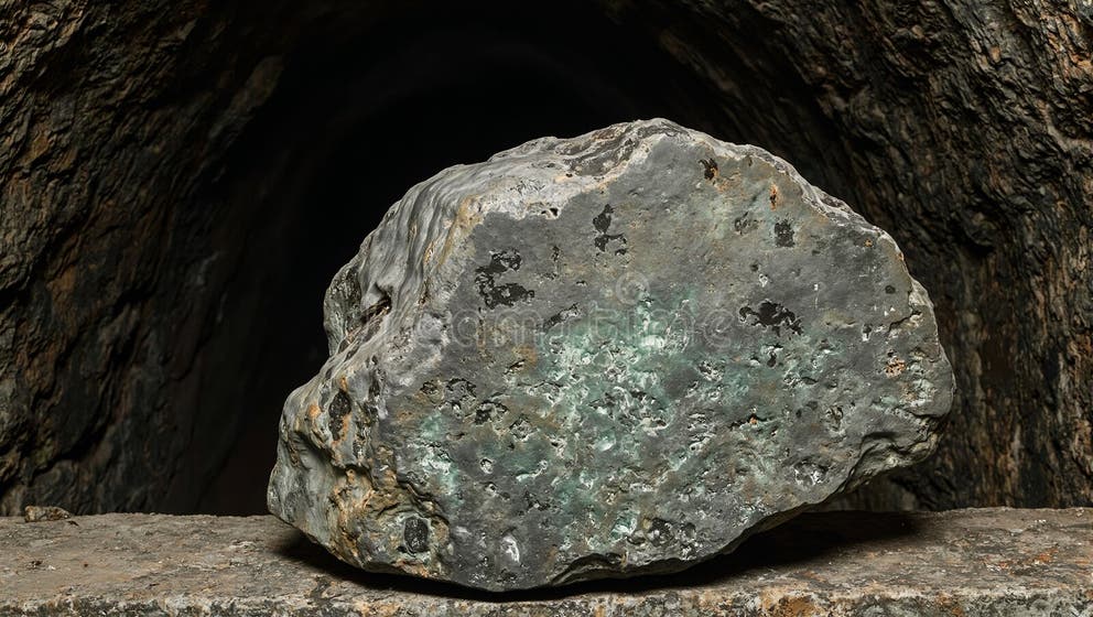 Nickel Ore Chunk with Metallic Green Flecks on Stone Ledge Stock ...