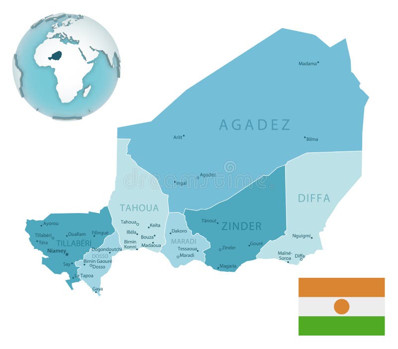 Niger Administrative Blue-green Map with Country Flag and Location on a ...
