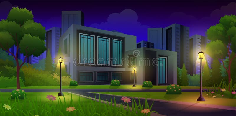 Night Scene of House with Street Lamps, Green Lawn, Bush and Trees ...