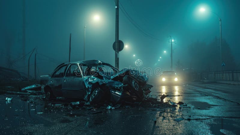 Night Accident with a Pillar of Lighting on the Road at Shallow Depth ...