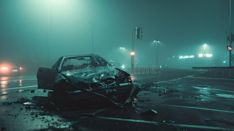 Night Accident with a Pillar of Lighting on the Road at Shallow Depth ...