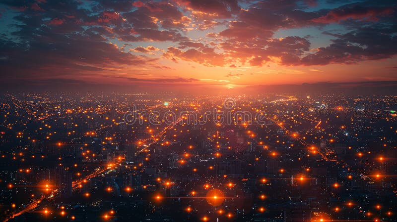 Night Aerial Cityscape with Light and Lightgrid Line Overlay Stock ...