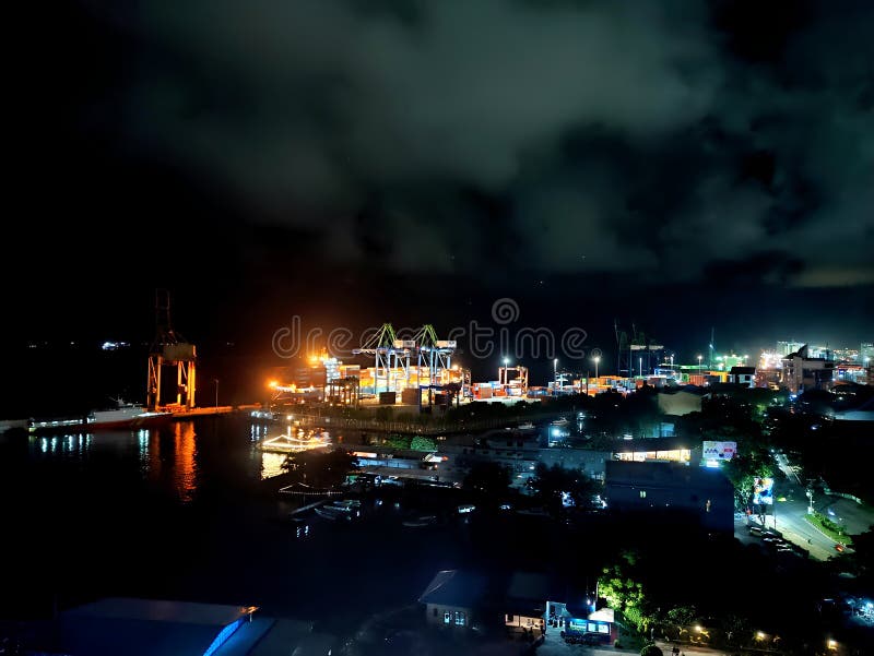 Aerial View Busy Cargo Port Night Illuminated Cranes Stock Photos ...