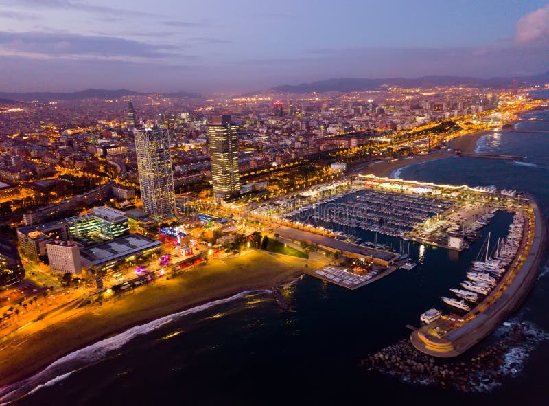 Night Aerial View from Drones of Coast in Barcelona with Sea Stock ...