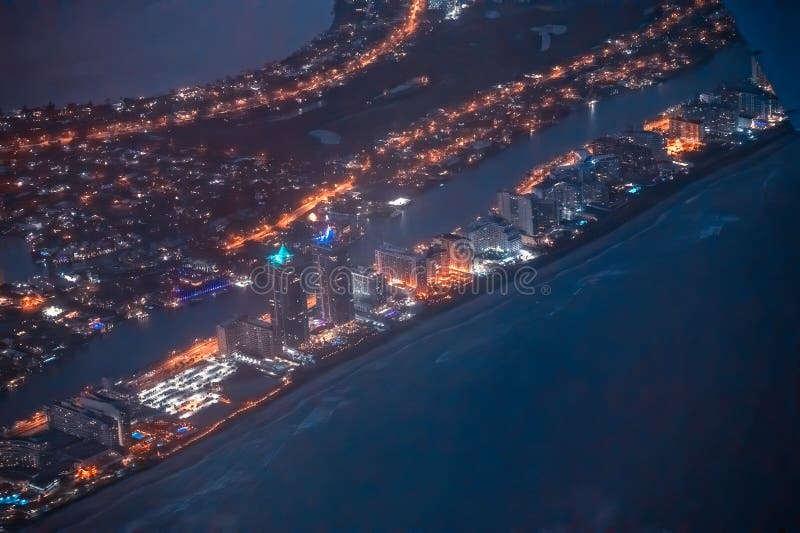 Night Aerial View of Miami Beach Skyline from the Airplane Stock Photo ...