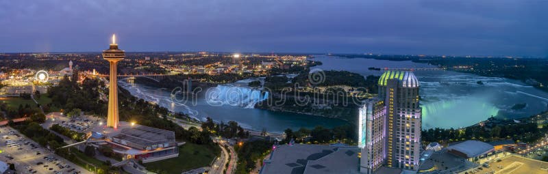 Night Aerial View of the Skylon Tower and the Beautiful Niagara Falls ...