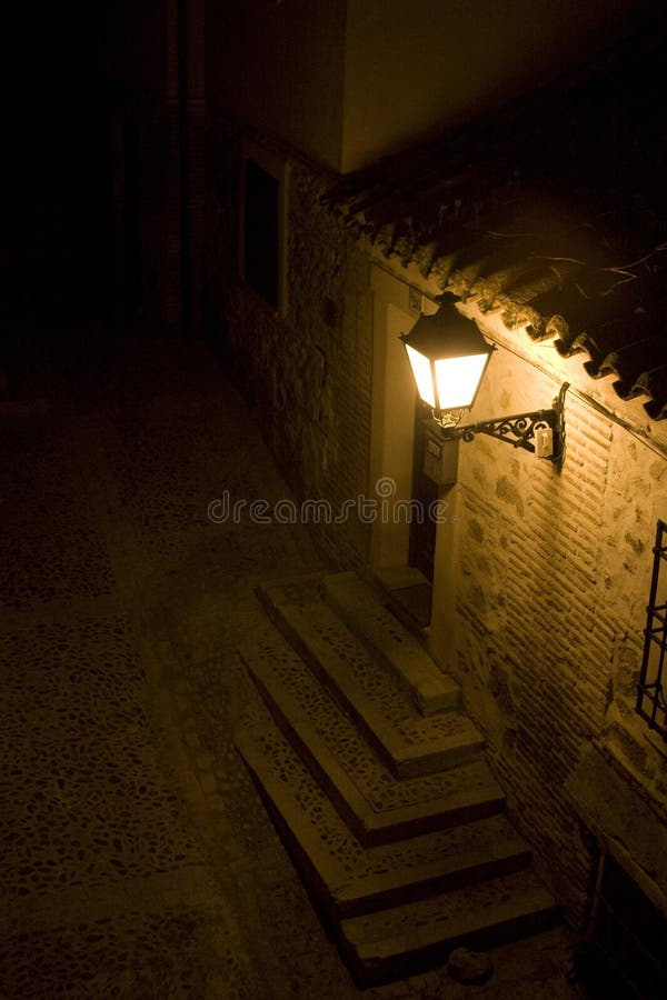 Stone Steps Lit by a Street Lamp in a Dark Alley. Urban Detail ...