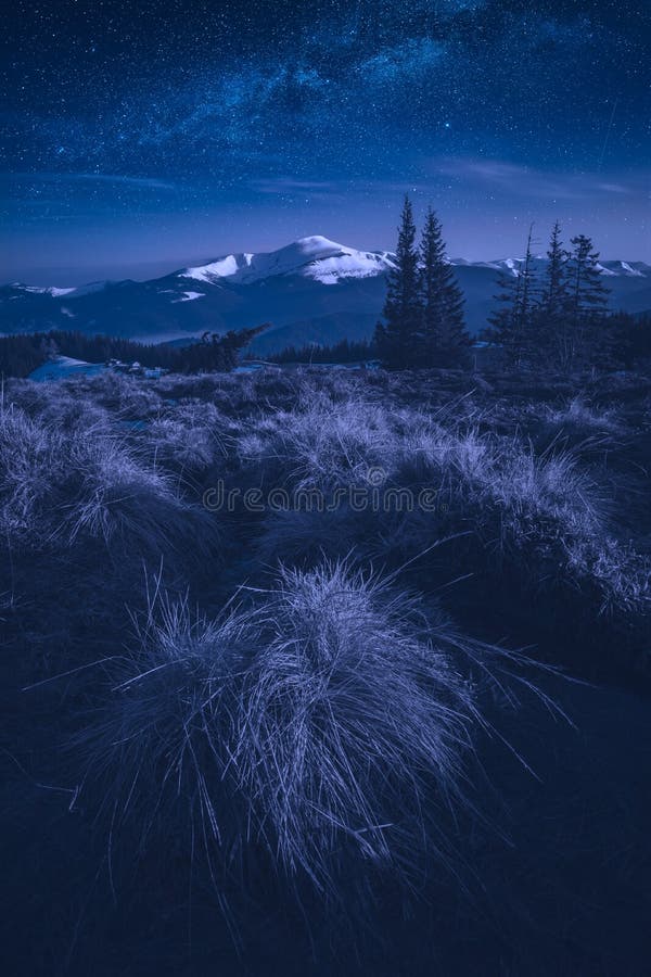 Night in alpine valley stock photo. Image of snow, view - 143026920