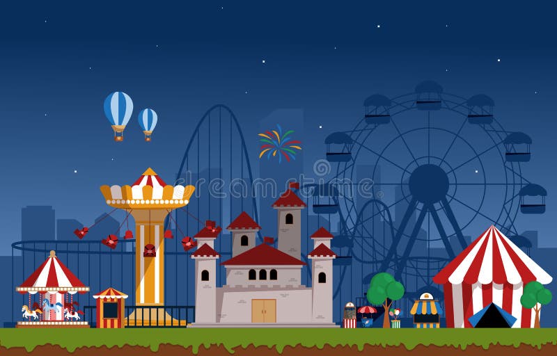 Night Amusement Park Fun Fair Carnival Flat Vector Illustration Stock ...