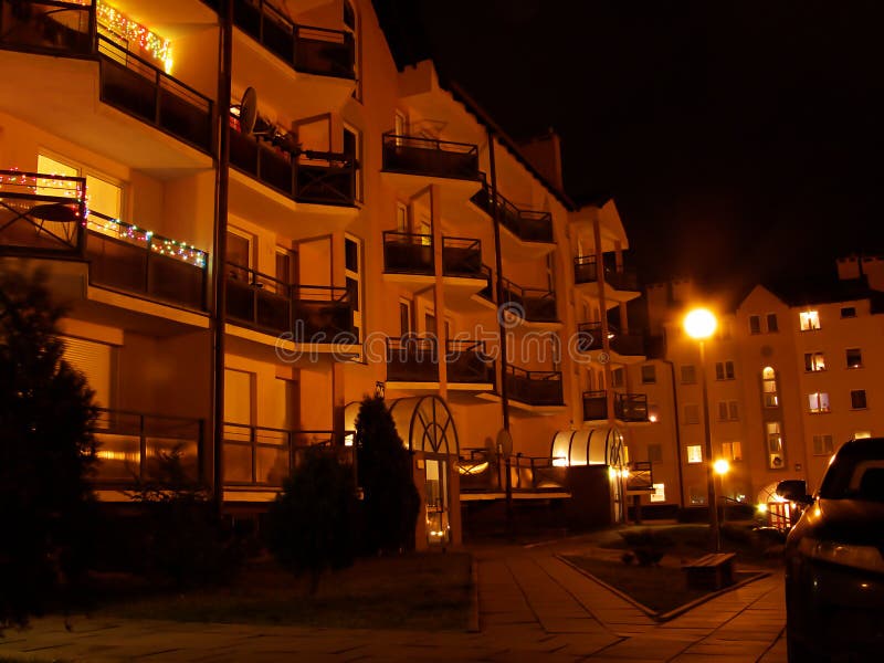 At Night, the Balconies Shine Under the Stars Stock Photo - Image of ...