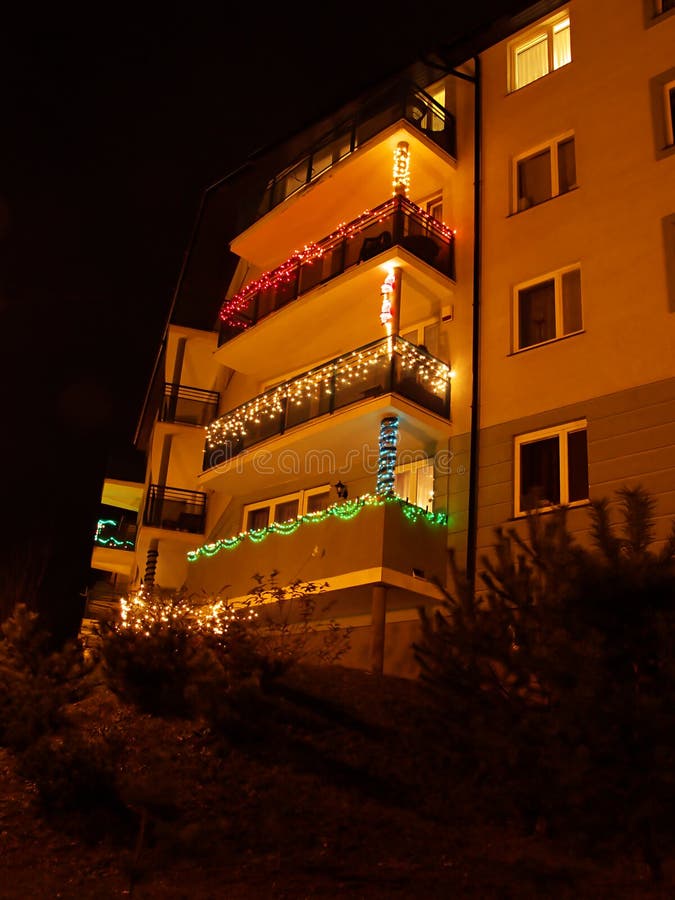 At Night, the Balconies Shine Under the Stars Stock Photo - Image of ...