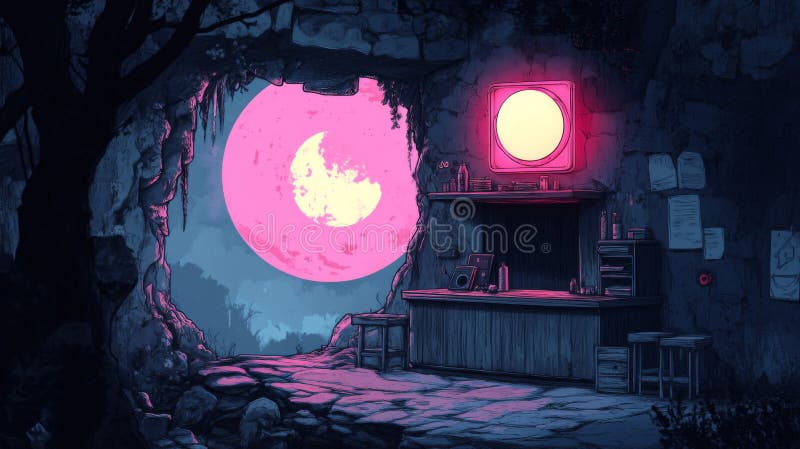 Night Bar in Pixel Art Ruins Under Pink Moon Stock Illustration ...