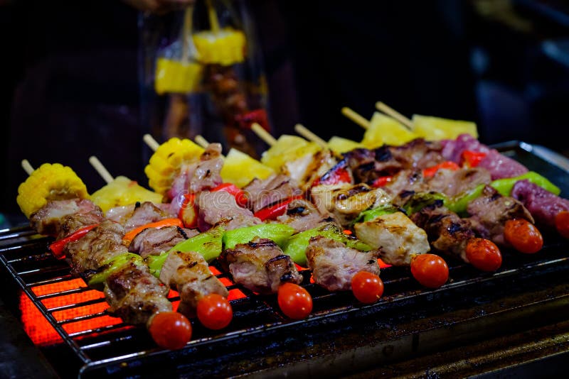 Night Barbeque on grill stock image. Image of camp, asian - 95016451