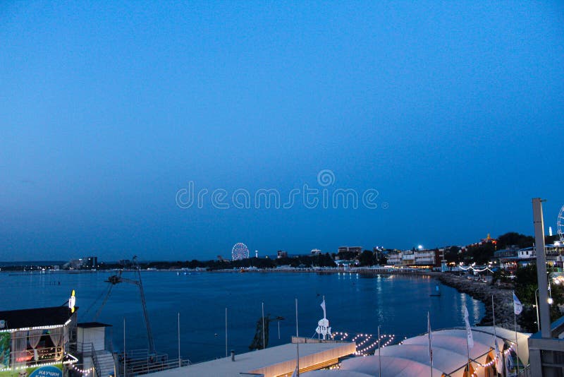 Night bay with city view stock image. Image of water - 229927767