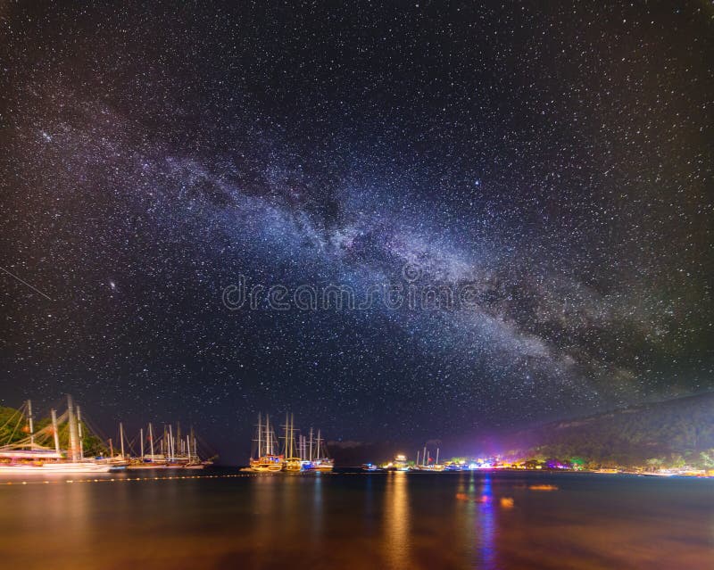 Night Bay in Kemer with Milky Way Sky Stock Image - Image of panorama ...