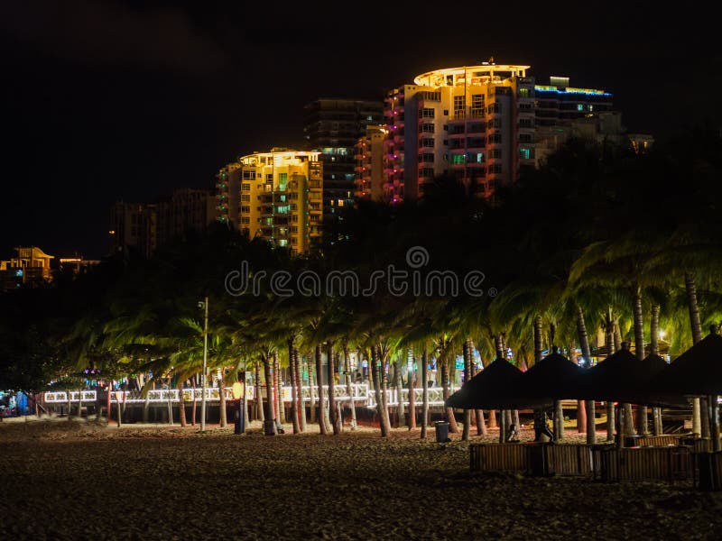 Night beach with cafe stock image. Image of travel, light - 175528529
