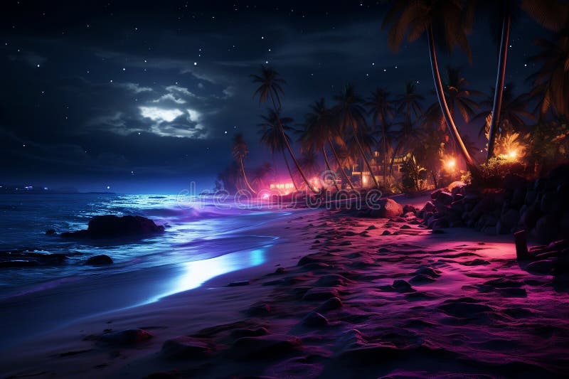 Night Beach with Neon Lights. AI Stock Illustration - Illustration of ...