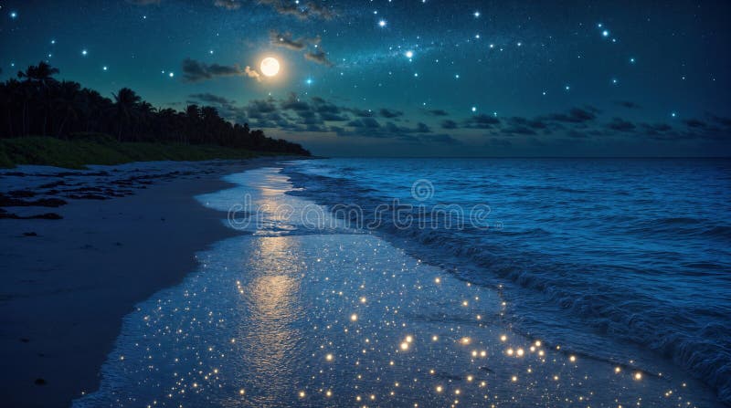 Night Beach Scene with a Full Moon and a Starlit Sky Reflecting on the ...