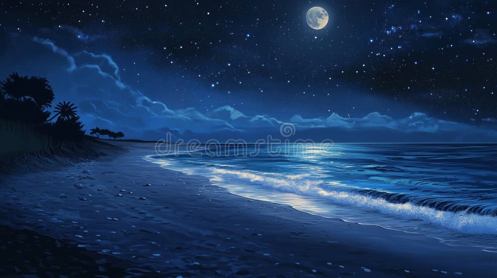 Night Beach Scene with Moonlight and Stars Stock Photo - Image of beach ...