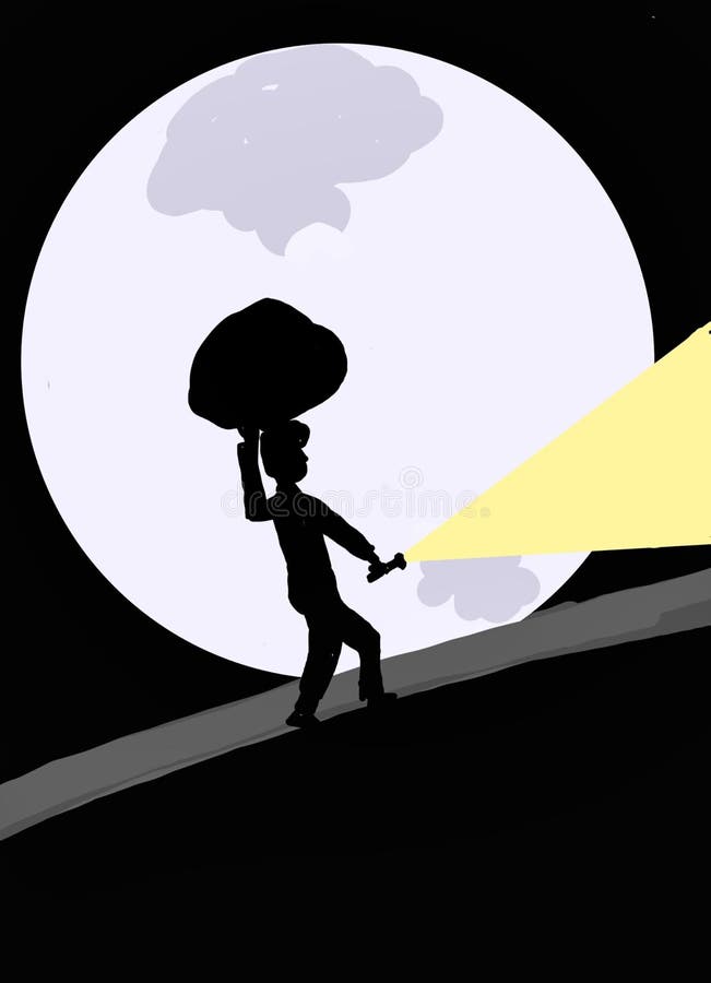 Night with Big Moon,a Boy Walking with Light. Stock Illustration ...
