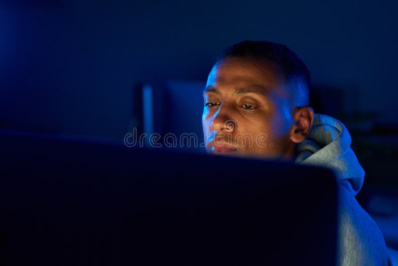 Night, Black Man or Hacker Phishing on Computer for Cybercrime, Malware ...