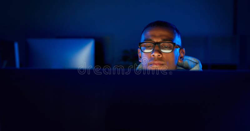 Night Black Man Or Hacker Reading On Computer For Cybercrime Malware Or Phishing For Stealing