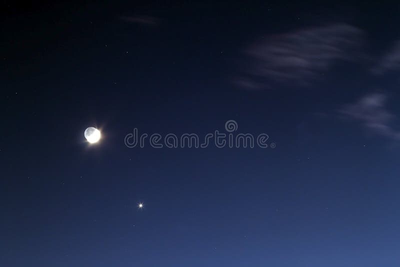 Night Blue Sky with Bright Moon and Single Star Stock Photo - Image of ...