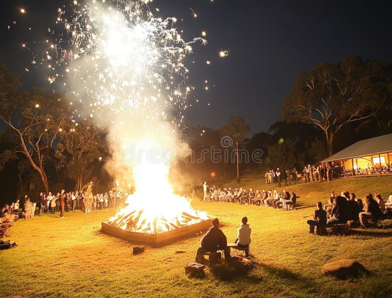 Night Bonfire with Fireworks Display Stock Illustration - Illustration ...