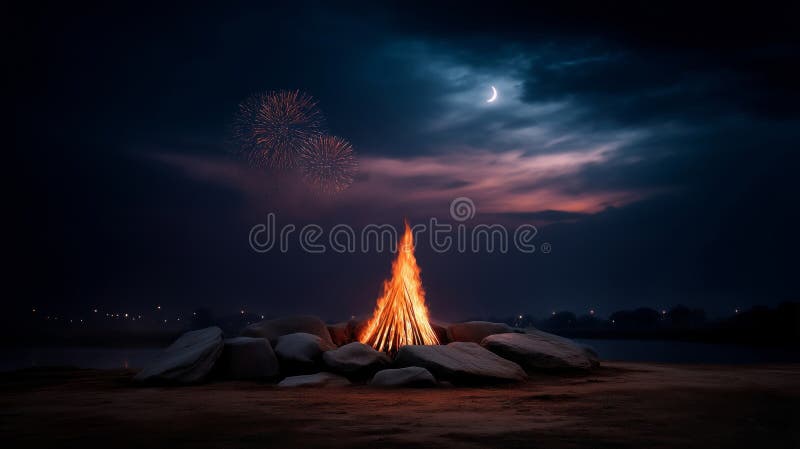Night Bonfire Under Moonlight Sky Stock Illustration - Illustration of ...