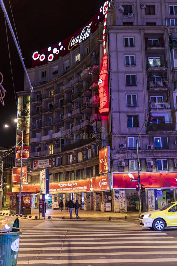 Night Boulevard with Illuminated Advertisements in Bucharest Editorial Stock Photo - Image of ...