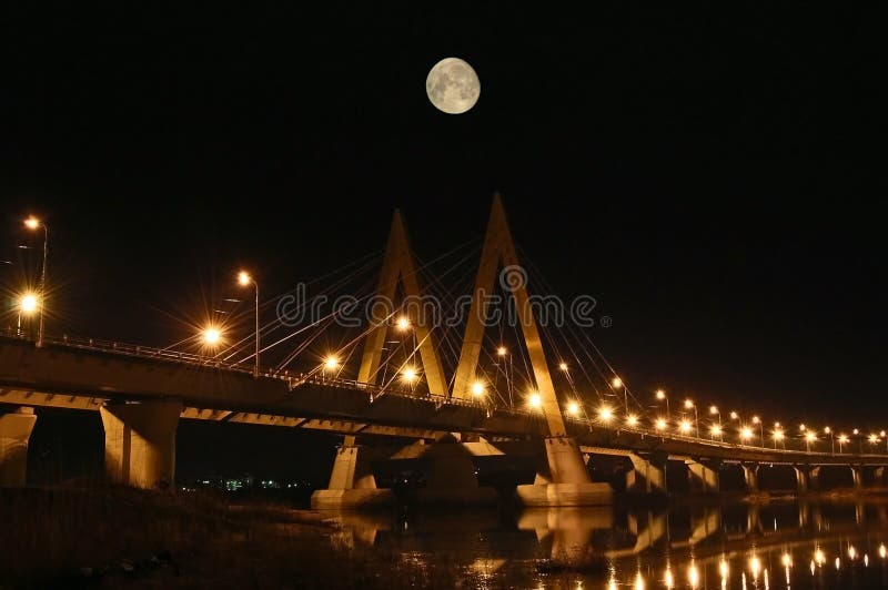 Night bridge. stock image. Image of road, lamps, moon - 7195825